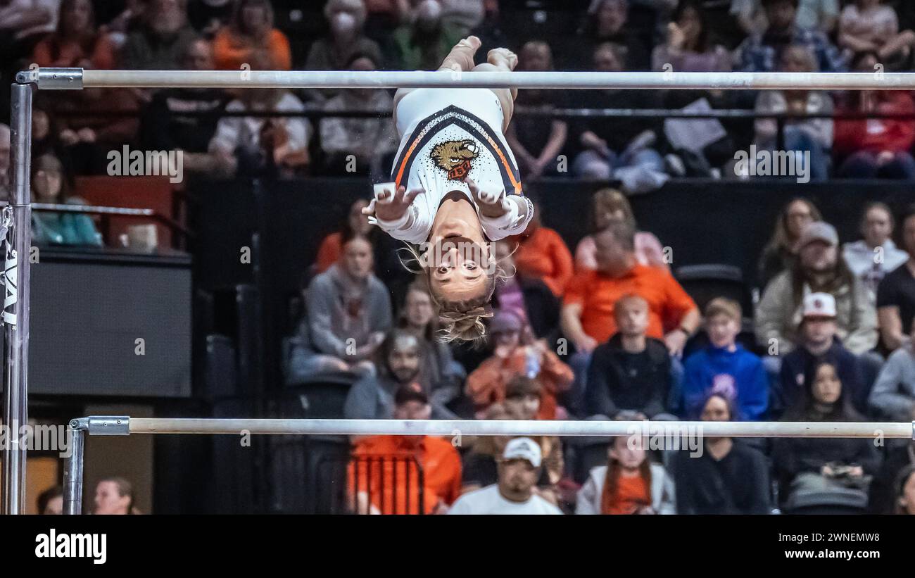 Corvallis, USA. 01st Mar, 2024. OSU's Taylor DeVries won the uneven parallel bars with a score ...