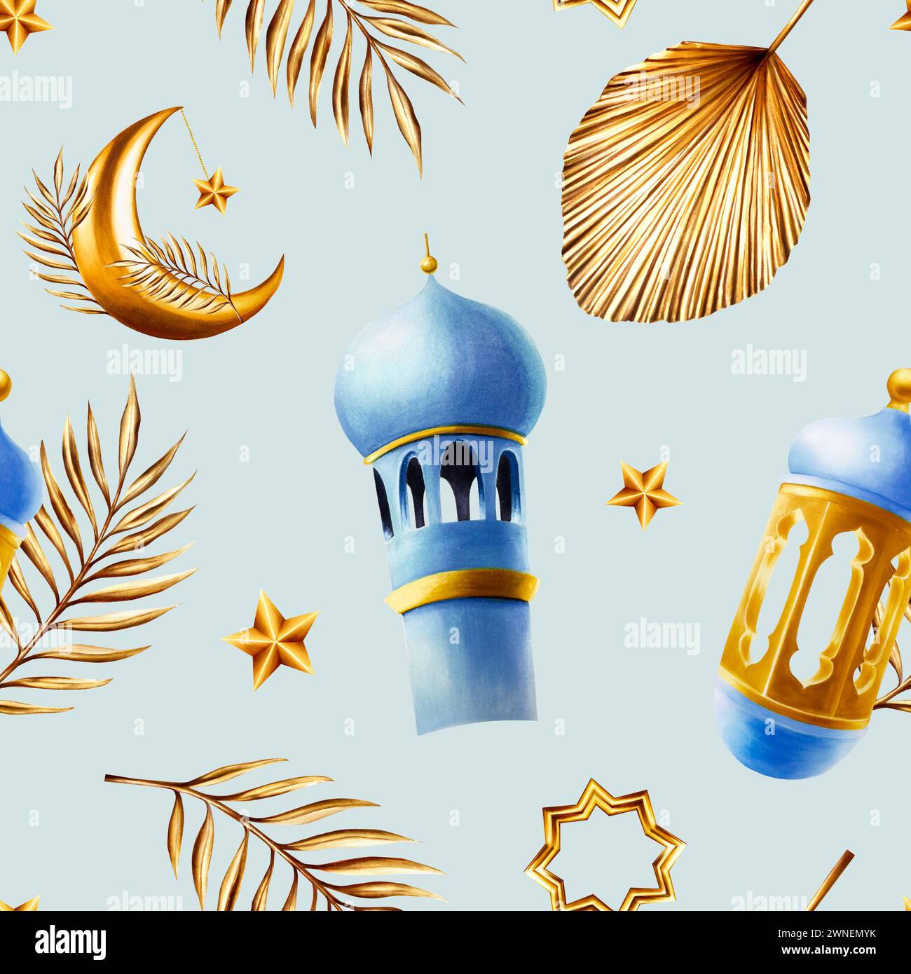 Watercolor seamless pattern with Islamic arabian golden crescent moon ...
