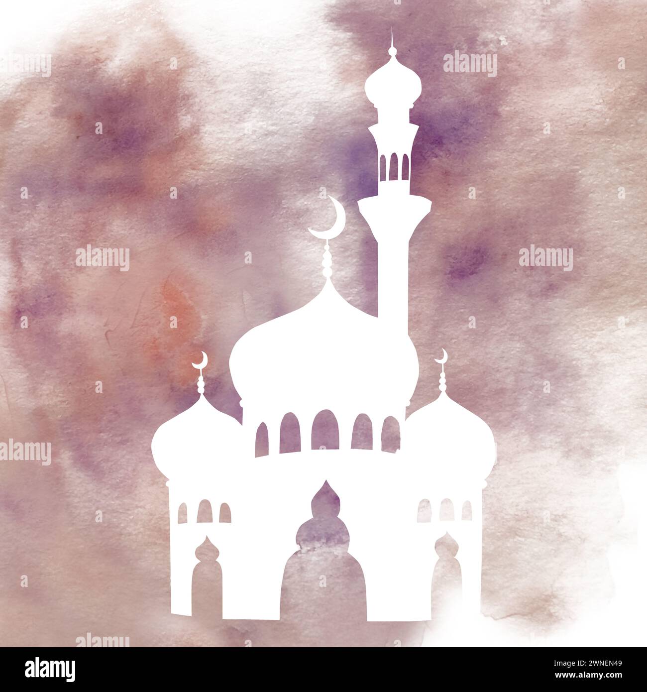 White silhouette of Islamic mosque and minaret with crescent moon ...