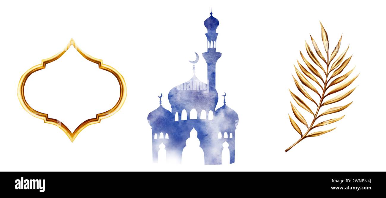 Watercolor set of illustrations with Islamic arabian golden arabian ...