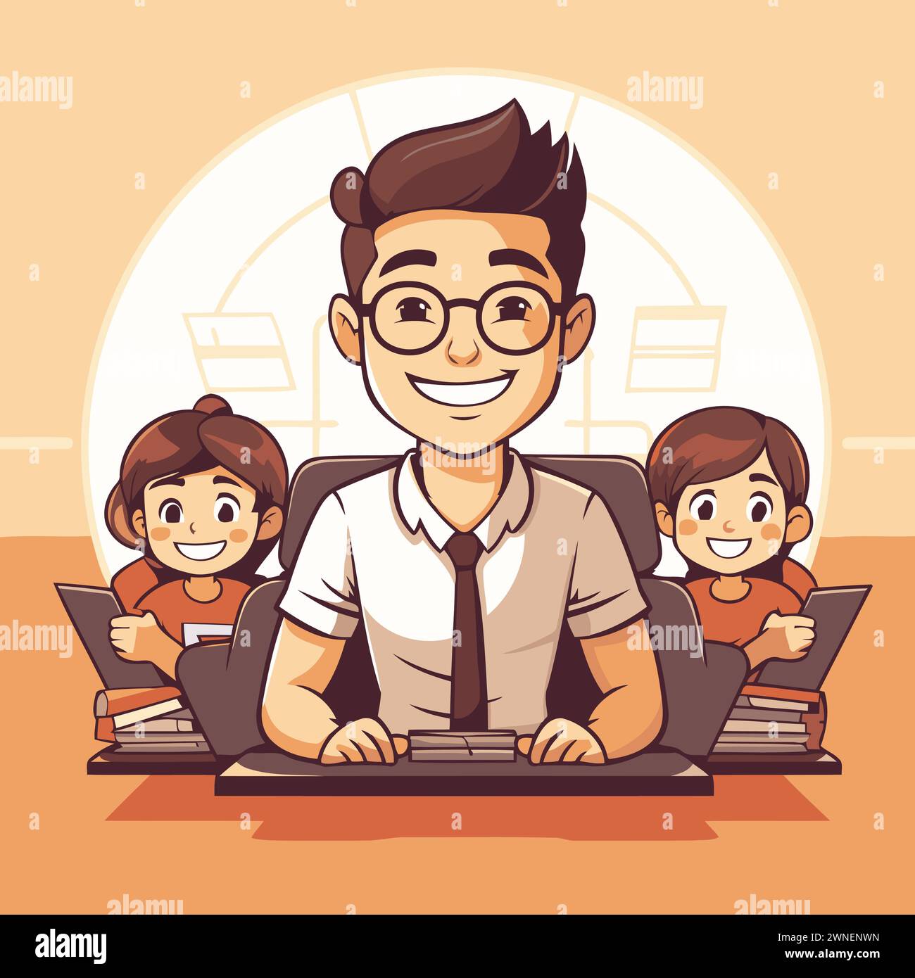 Teacher with students at home. Vector illustration in cartoon style ...