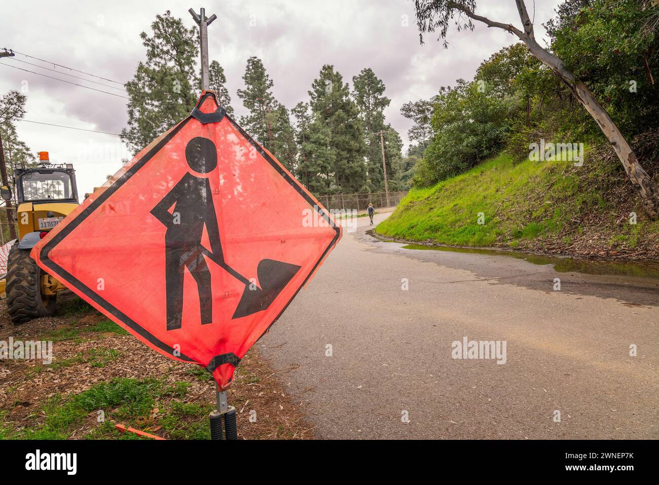 Los Angeles, CA, USA – March 1, 2024: Close-up of a bright orange road ...