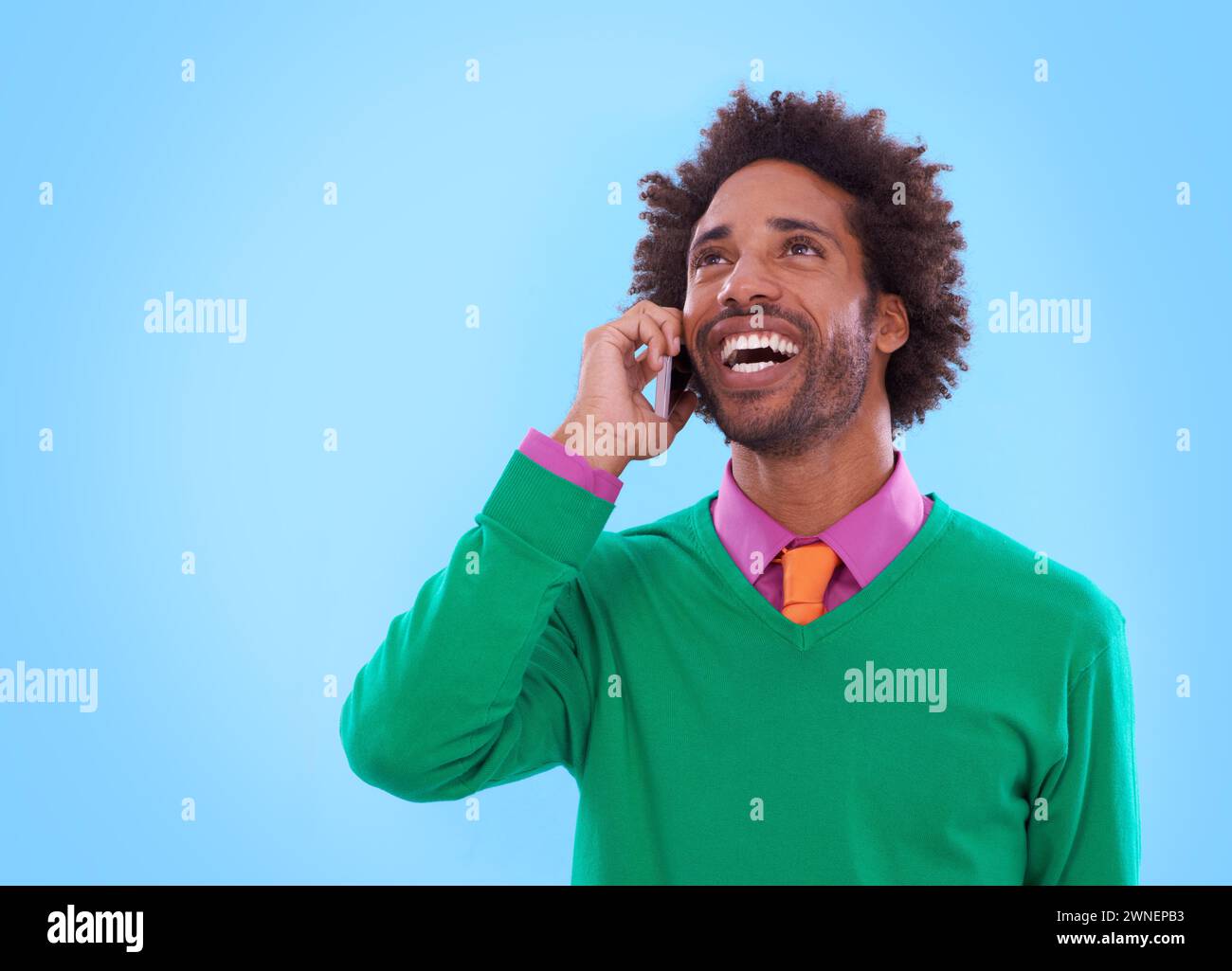 African man, phone call and afro with smile, businessman and thinking ...
