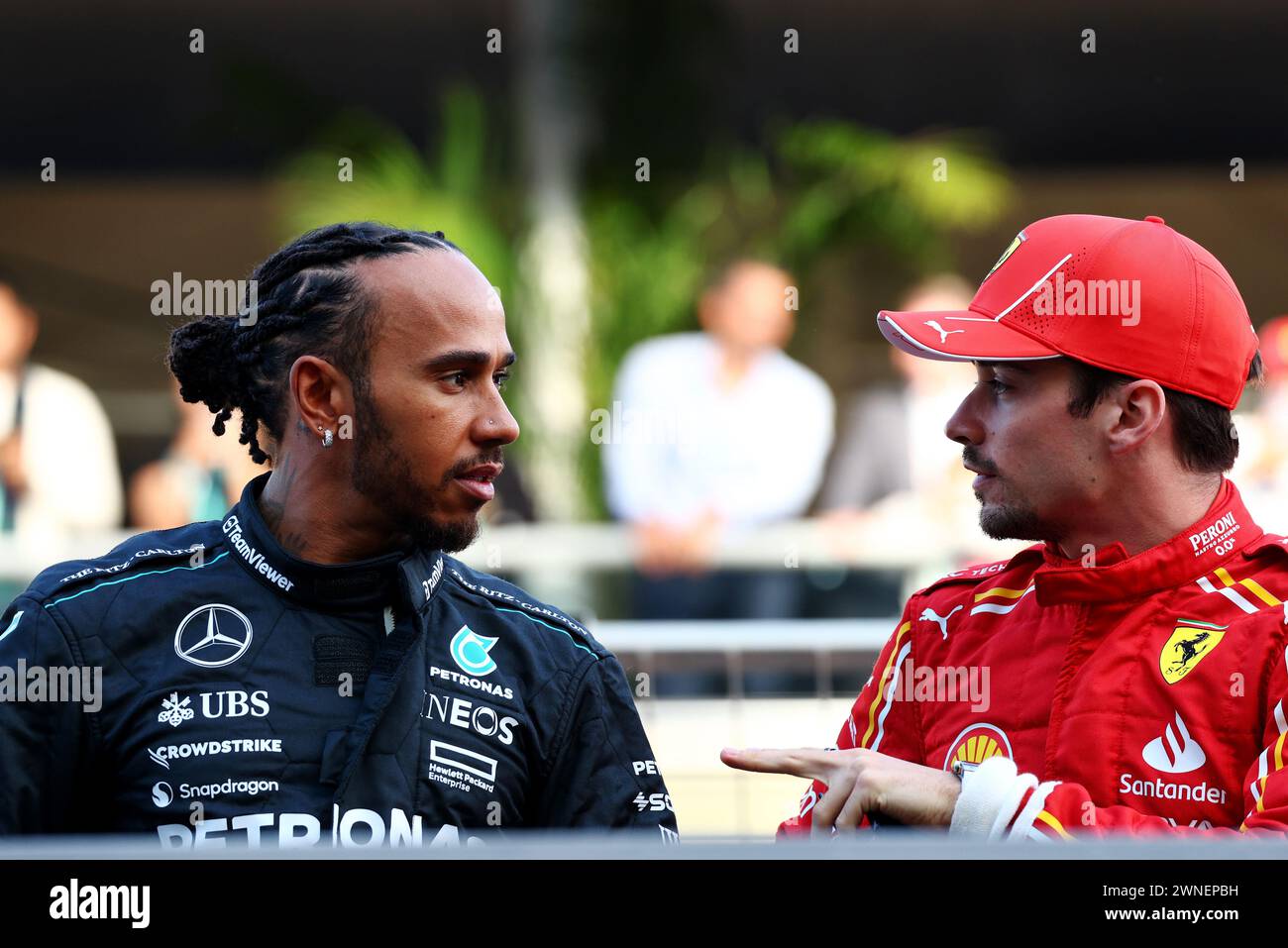 Sakhir, Bahrain. 02nd Mar, 2024. (L to R): Lewis Hamilton (GBR ...