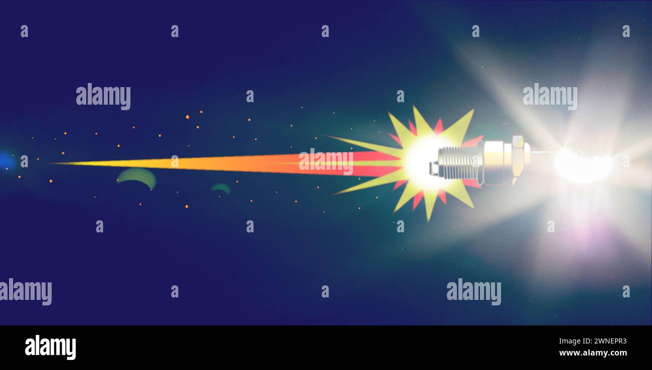 A spark plug ignition illustrated as a rocket ship in outer space with ...