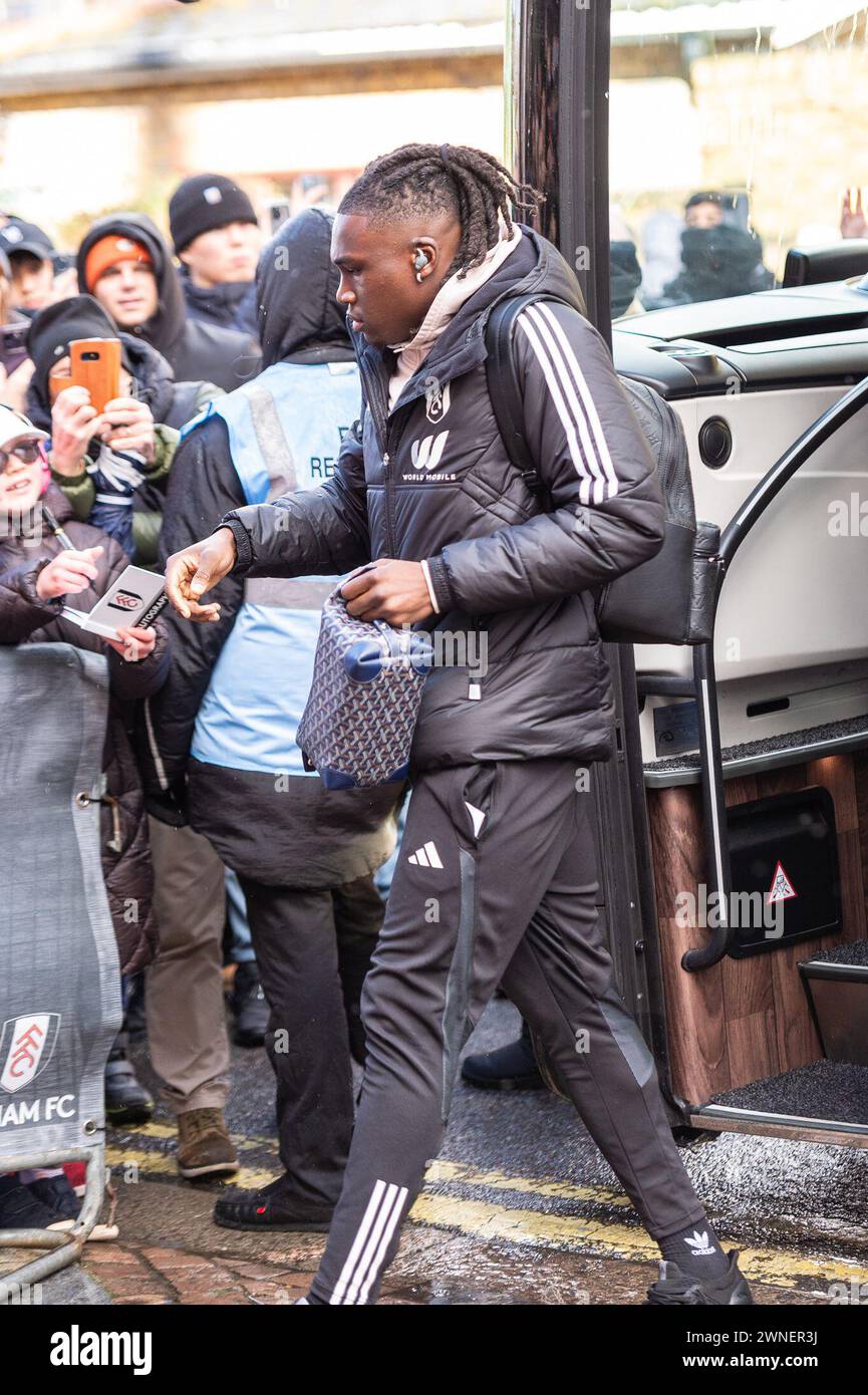Calvin Bassey of Fulham arrives ahead of the Premier League match ...