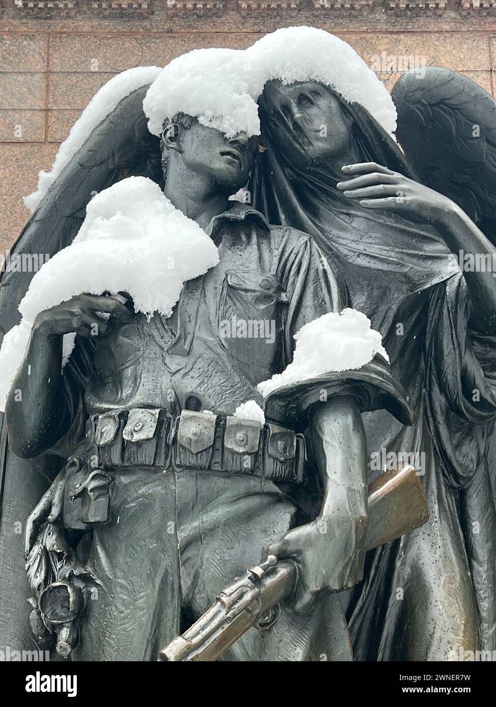 Snow covered World War I memorial statue in Prospect Park, Brooklyn ...