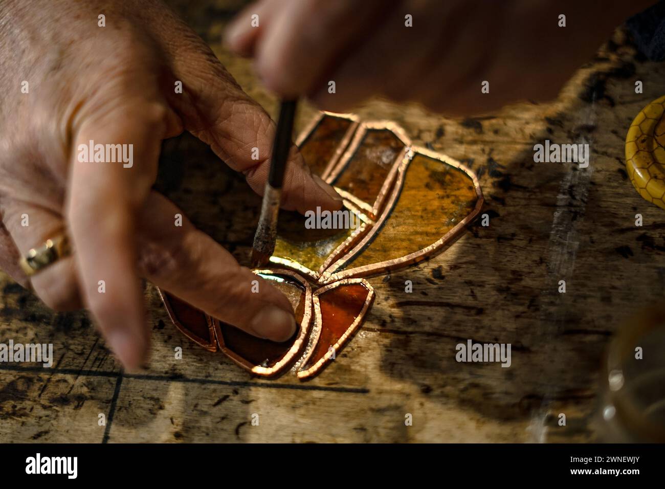 Stained glass workshop. Close up Stock Photo - Alamy