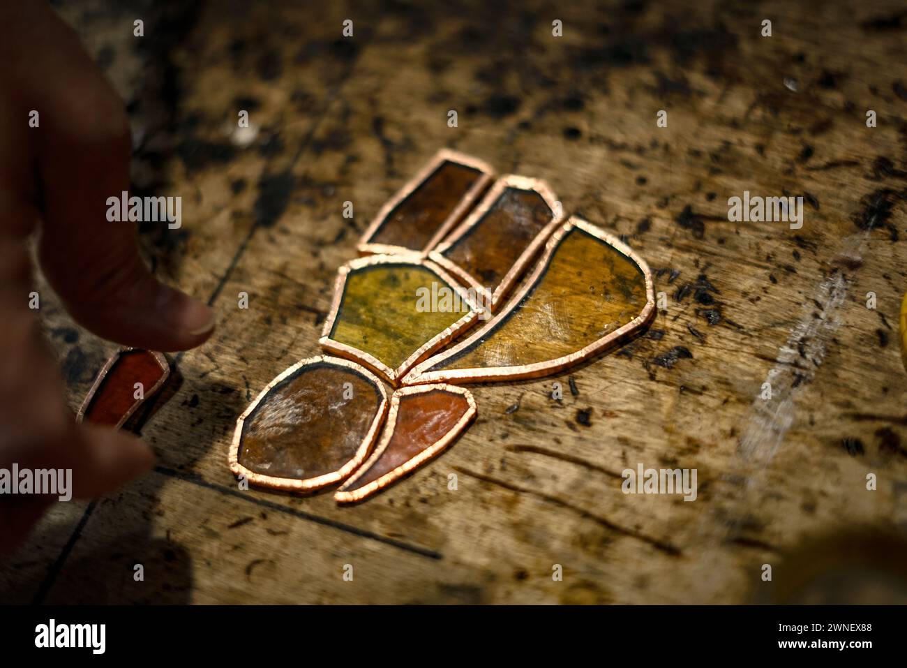 Stained glass workshop. Close up Stock Photo - Alamy