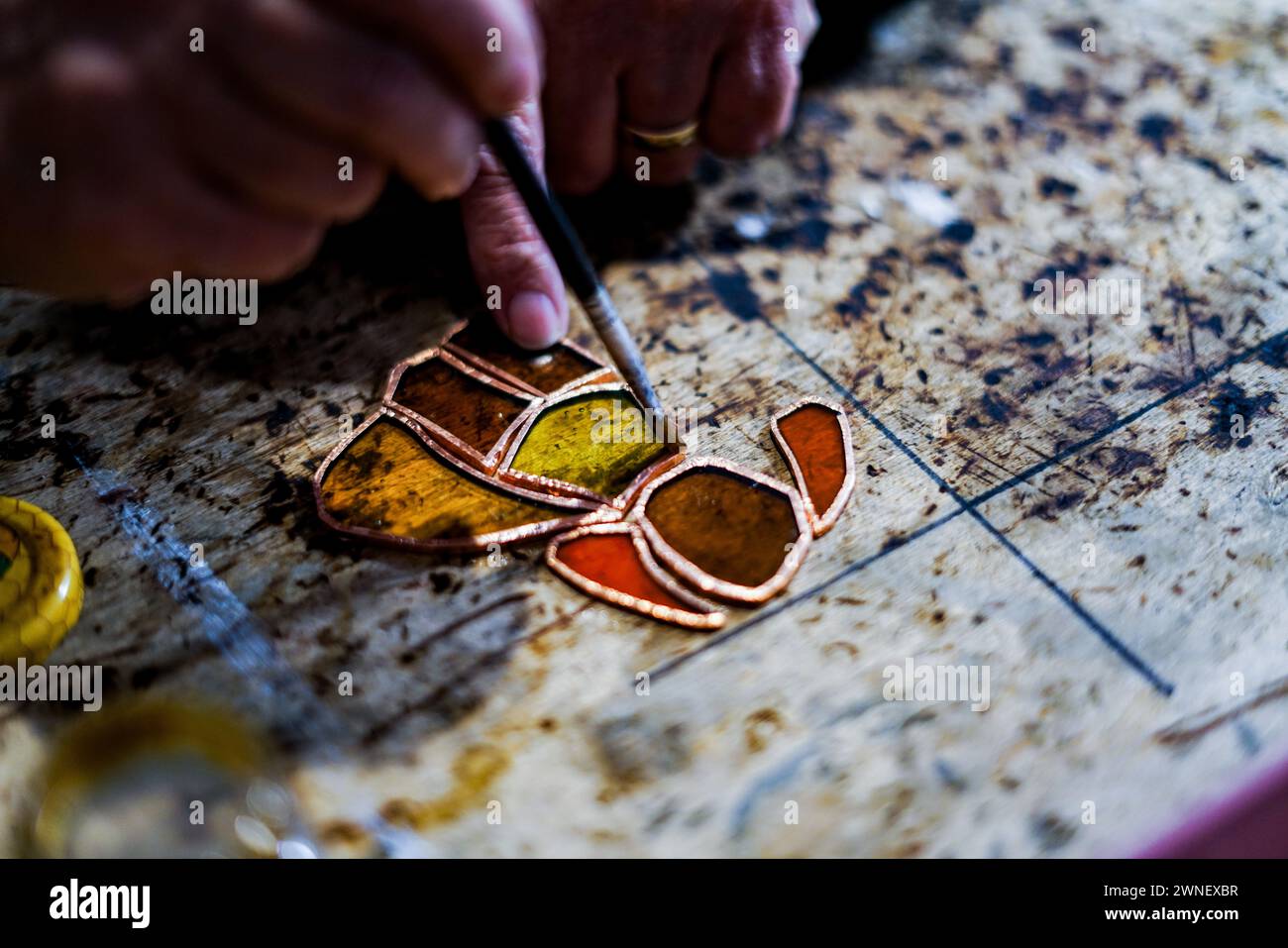 Stained glass workshop. Close up Stock Photo - Alamy