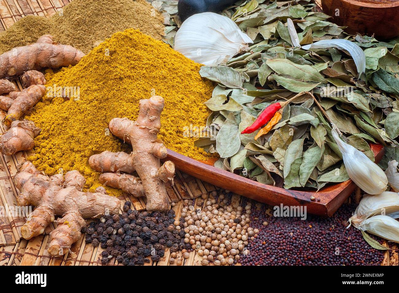 Curry and its main ingredients. Turmeric, coriander seeds, cumin ...