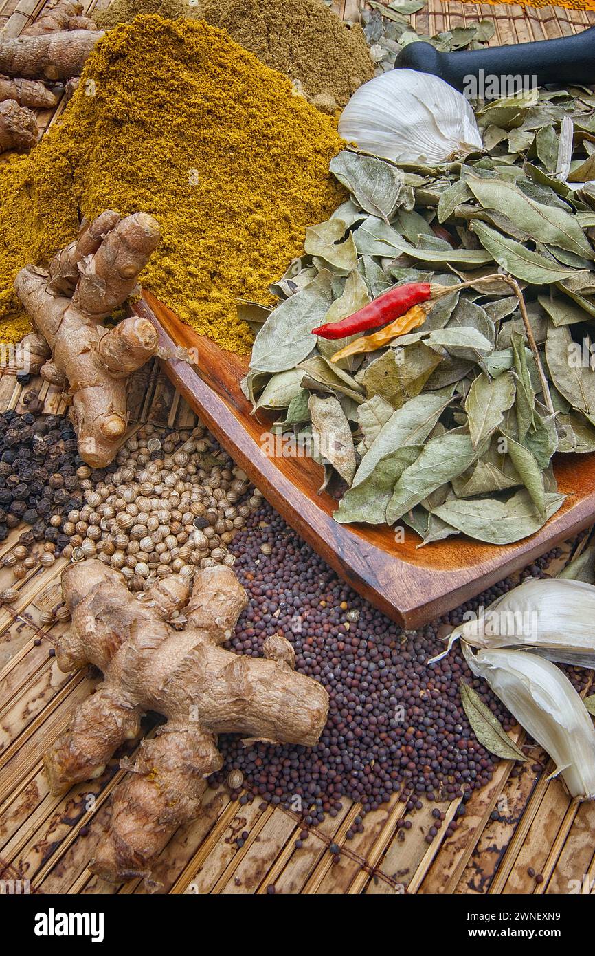 Curry and its main ingredients. Turmeric, coriander seeds, cumin ...