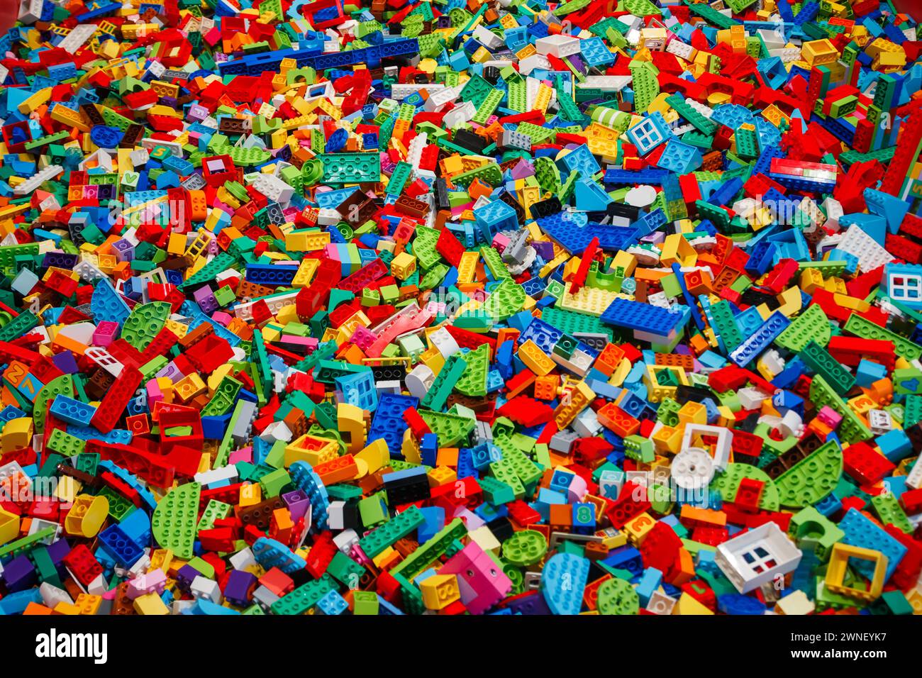Billund, Denmark - 17 June 2023: Multi-colored plastic Lego Duplo brick ...