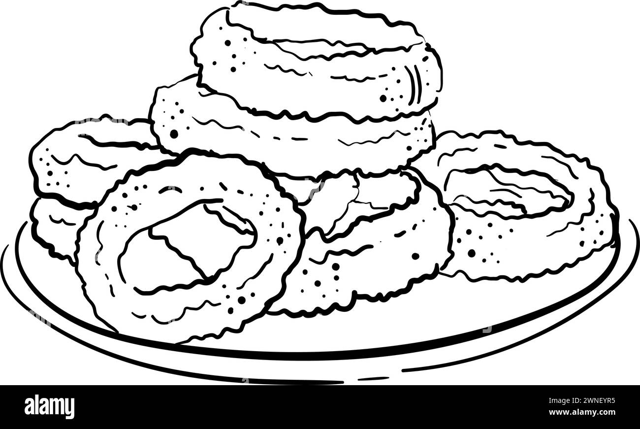 Onion rings, hand drawn fast food vector illustration. Snack for design ...