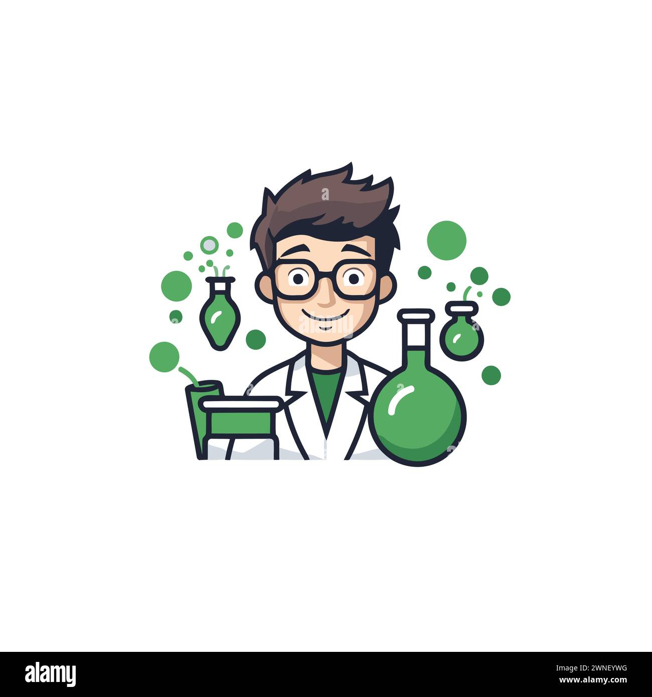 Cartoon scientist with test tubes and flask. Vector illustration in ...