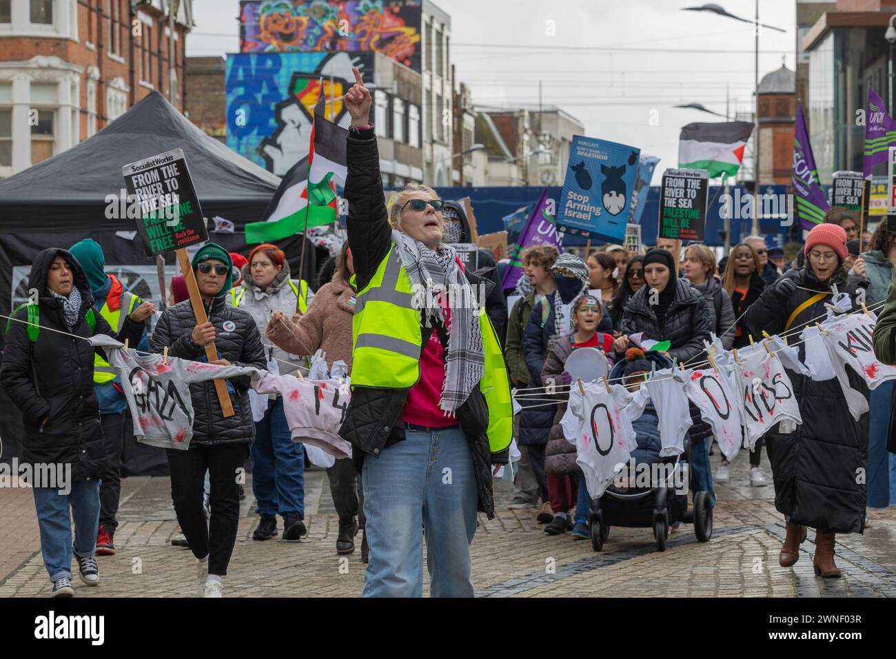 Southend on Sea, UK. 2nd Mar, 2024. Protesters hold a march and rally ...