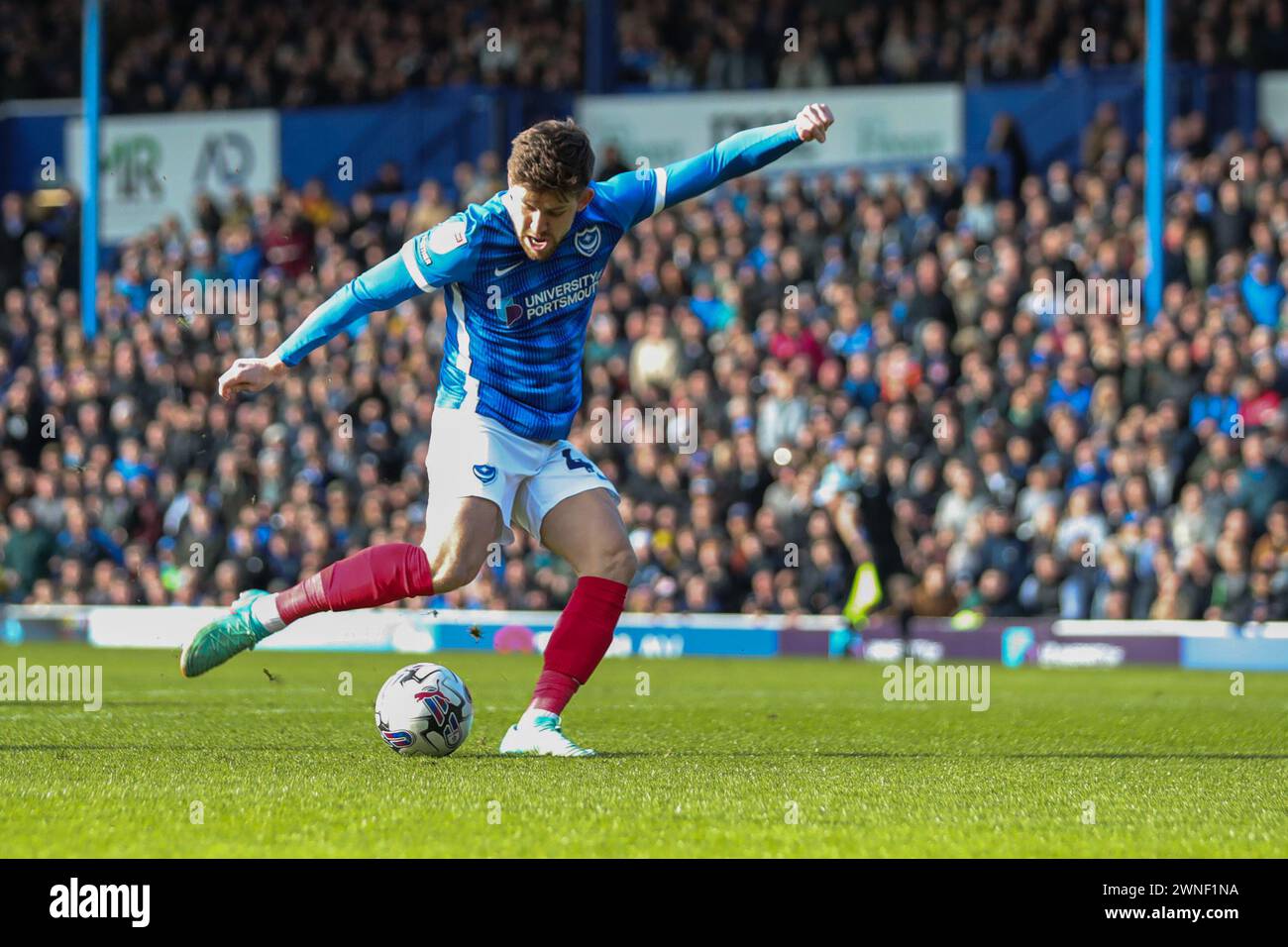 Portsmouth’s Callum Lang scores their first goal during the Sky Bet ...