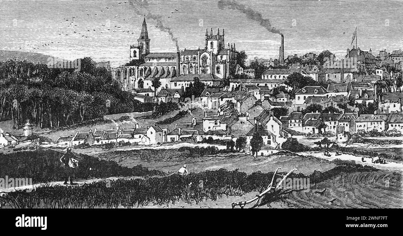 General View of Dunfermline, Fife, Scotland in the 19th century; Black ...