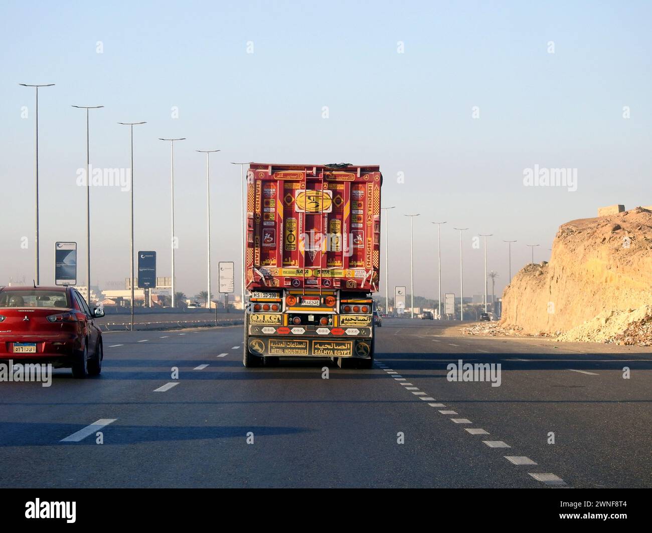 Cairo, Egypt, December 16 2023: flatbed truck big vehicle with a steel ...