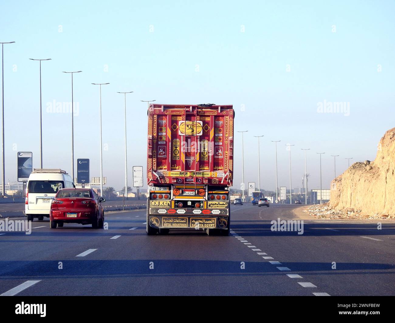 Cairo, Egypt, December 16 2023: flatbed truck big vehicle with a steel ...
