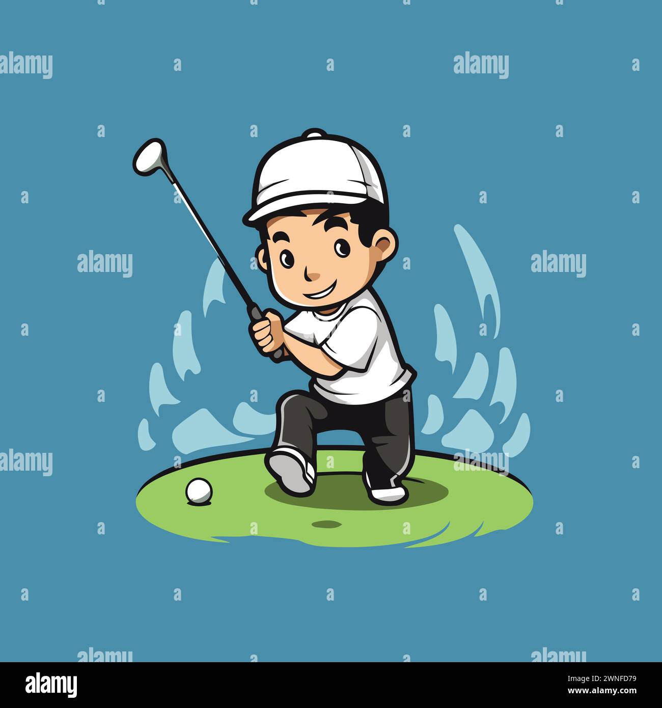 Illustration of cartoon boy playing golf on the golf course. Vector ...