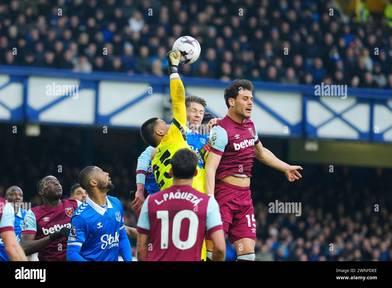 West Ham's goalkeeper Alphonse Areola clears the ball during the ...