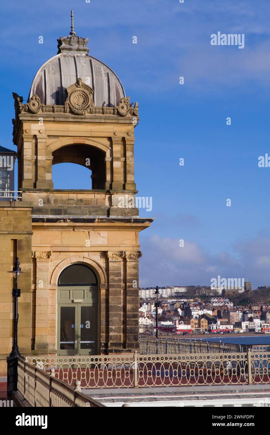 One of the towers on the Spa building at Scarbough with the town in ...