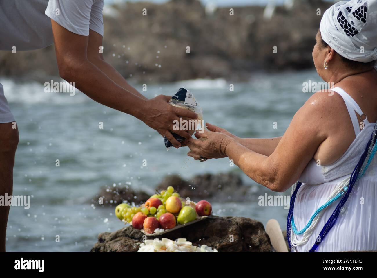 Salvador, Bahia, Brazil - February 02, 2024: Candomble fans are seen ...