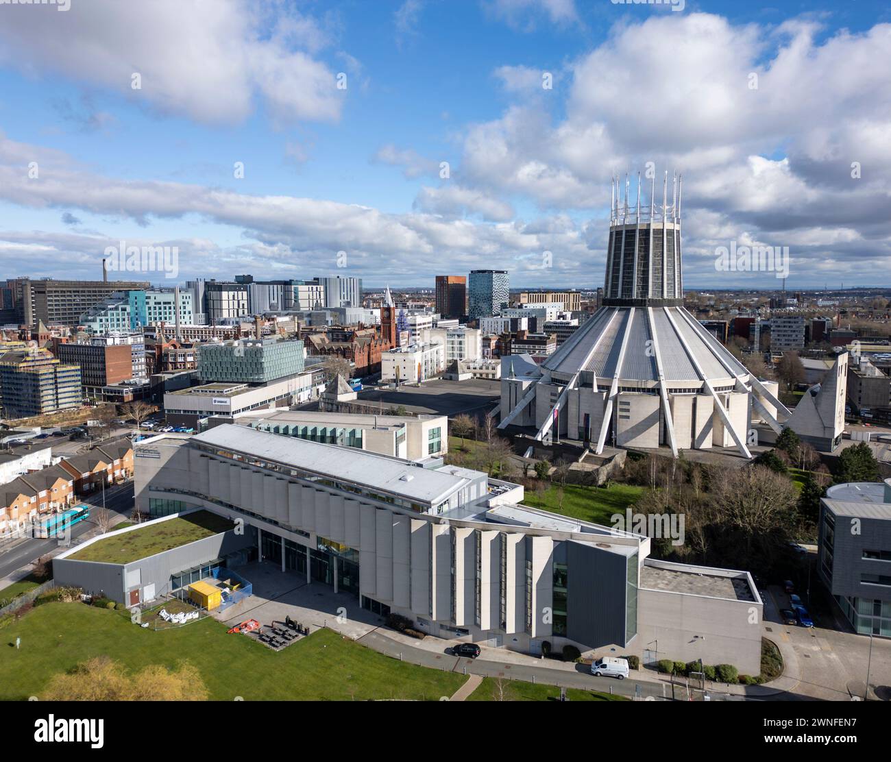 Aerial view of Liverpool Metropolitan Cathedral and LJMU John Lennon ...