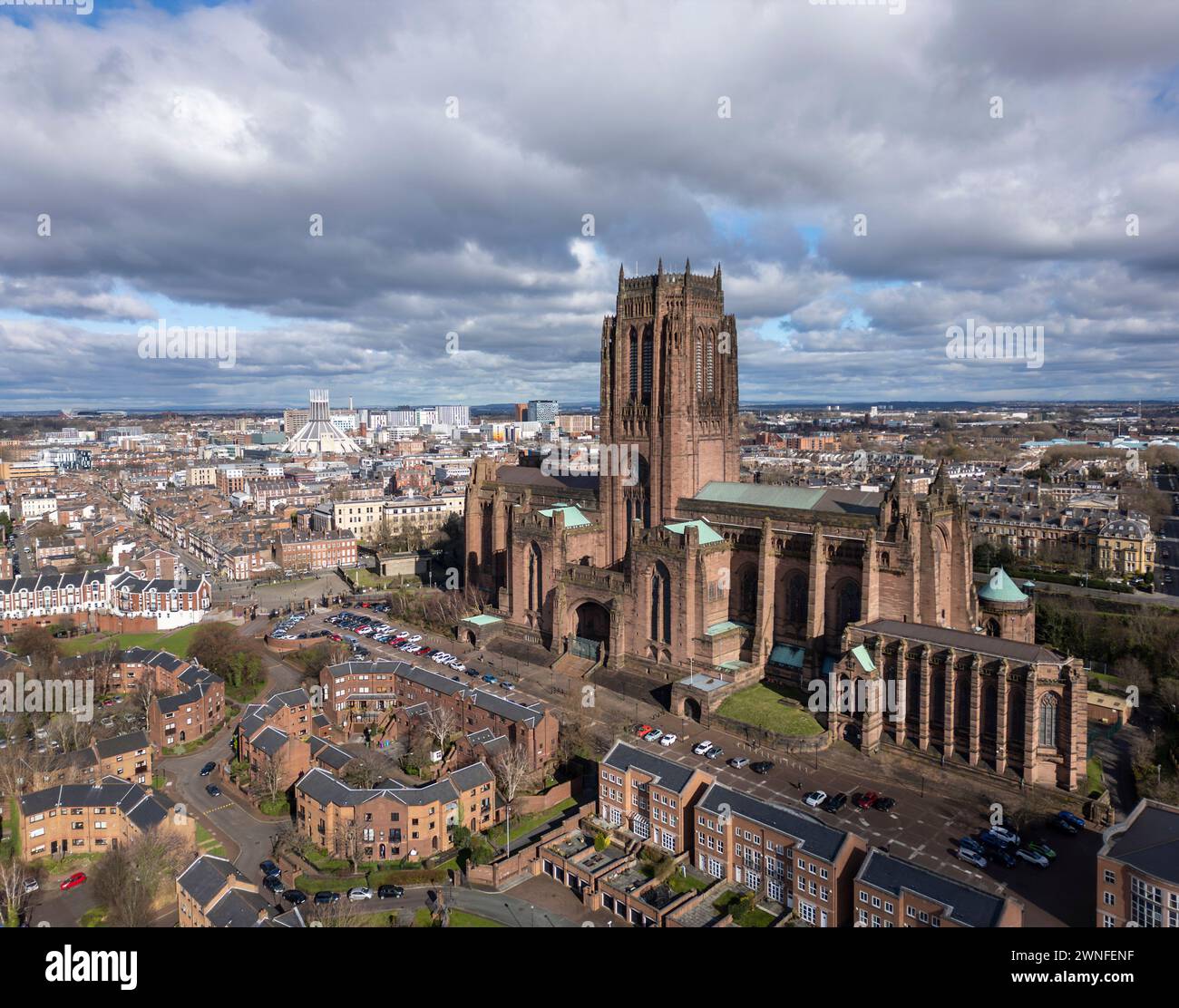 Aerial view of Liverpool Anglican Cathedral, Merseyside, England with ...