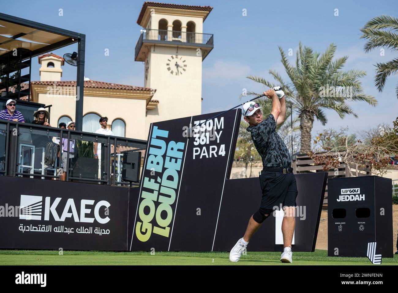 Captain Louis Oosthuizen of Stinger GC hits his shot from the first tee ...