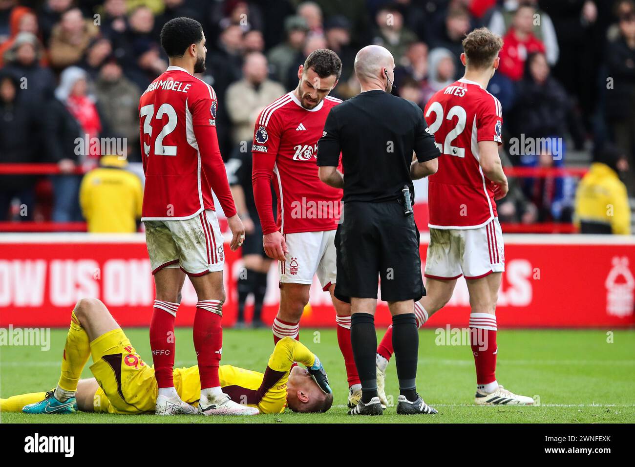 Matz Sels of Nottingham Forest goes down injured during the Premier ...