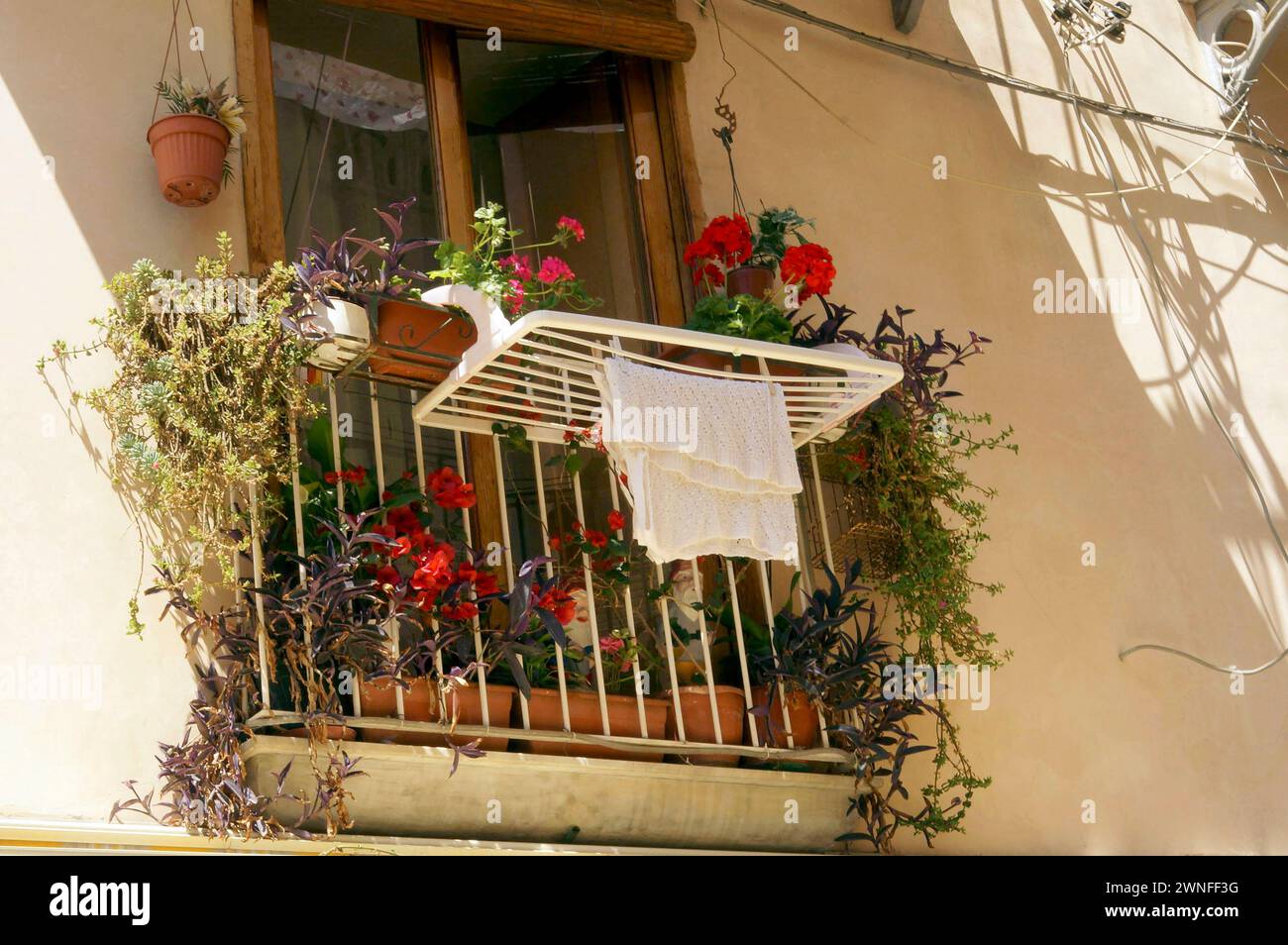 balcony with flowers in Sorrento, the Amalfi Coast, Italy Stock Photo ...