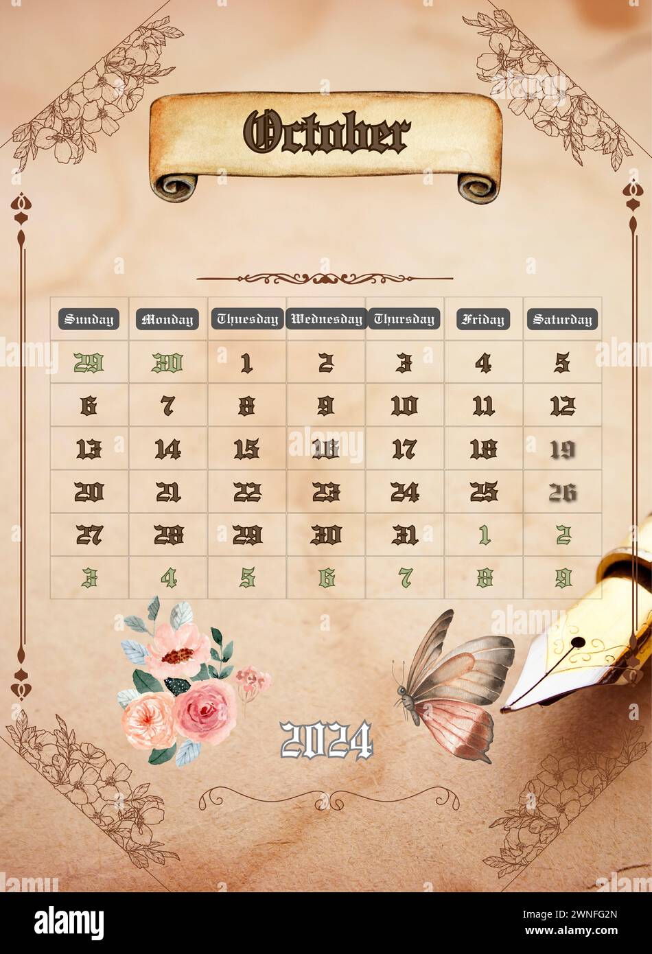 Vintage Calendar October.jpg Stock Photo - Alamy