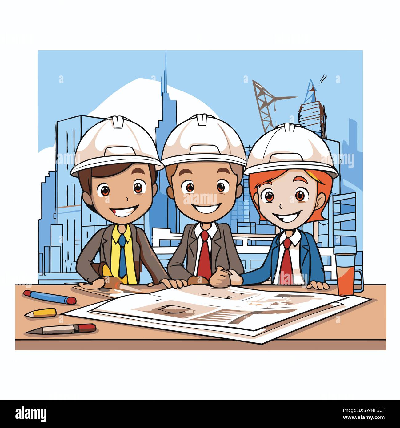 Construction teamwork over cityscape background vector illustration ...