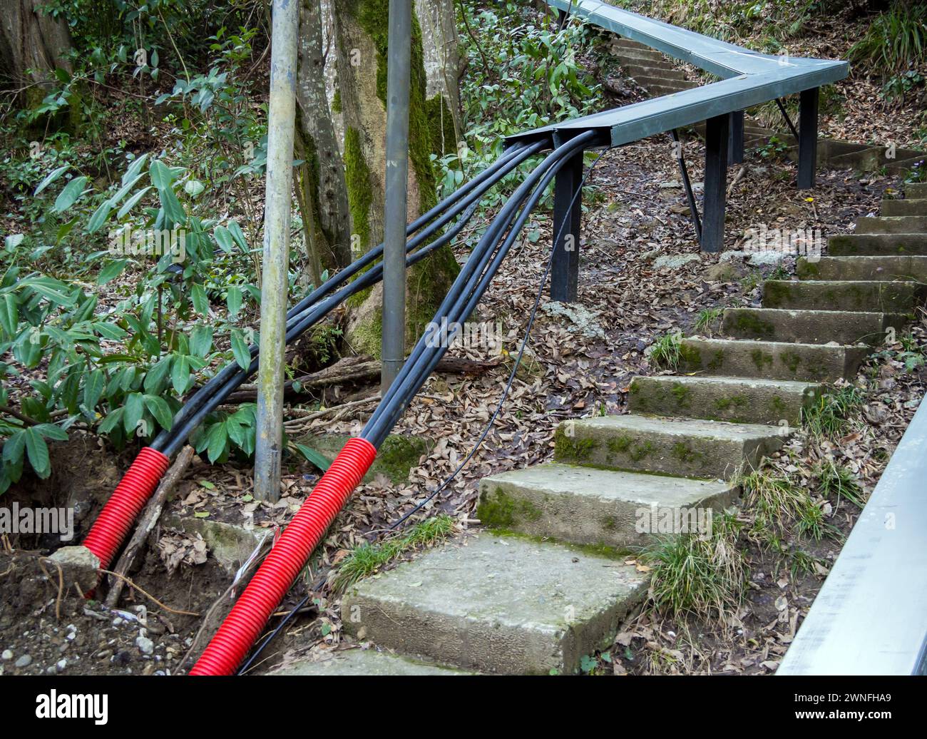 Sochi, Russia - February 13, 2023: Installation of overhead power cable ...