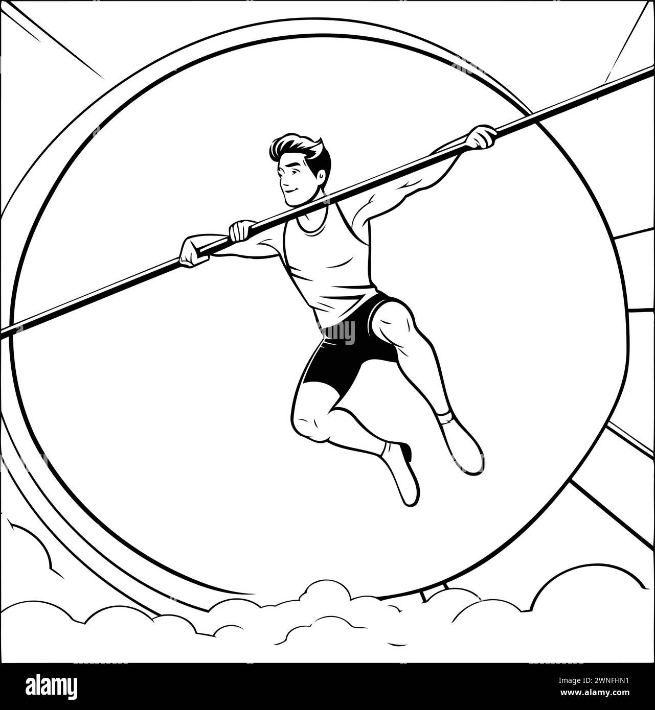 Vector illustration of a male pole vaulter jumping viewed from the side ...