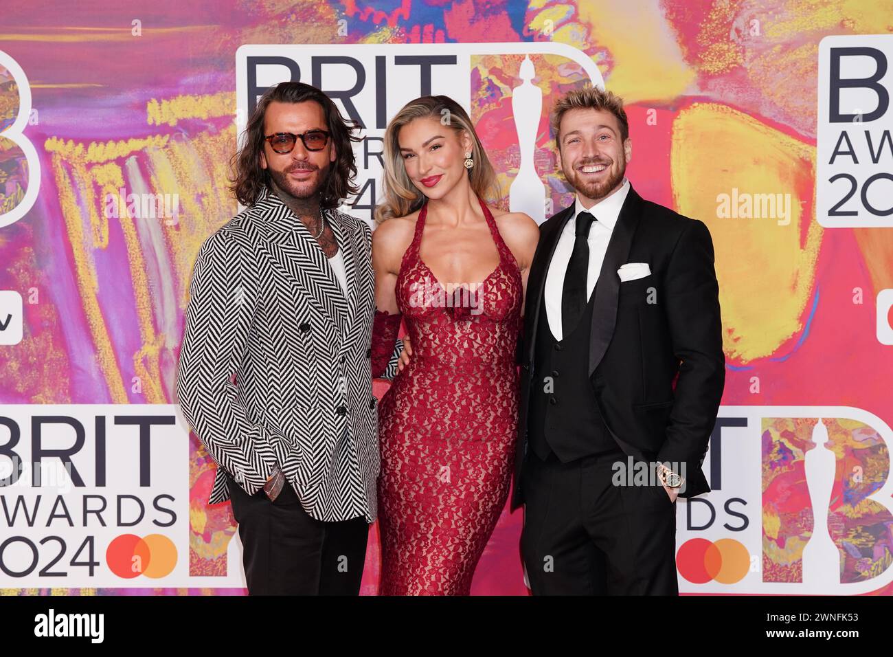 (left to right) Pete Wicks, Zara McDermott and Sam Thompson attending ...