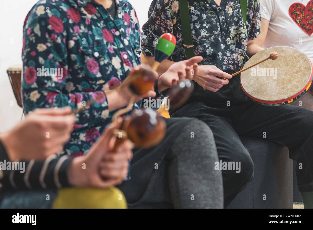 Group of people playing on different kinds of musical instruments ...