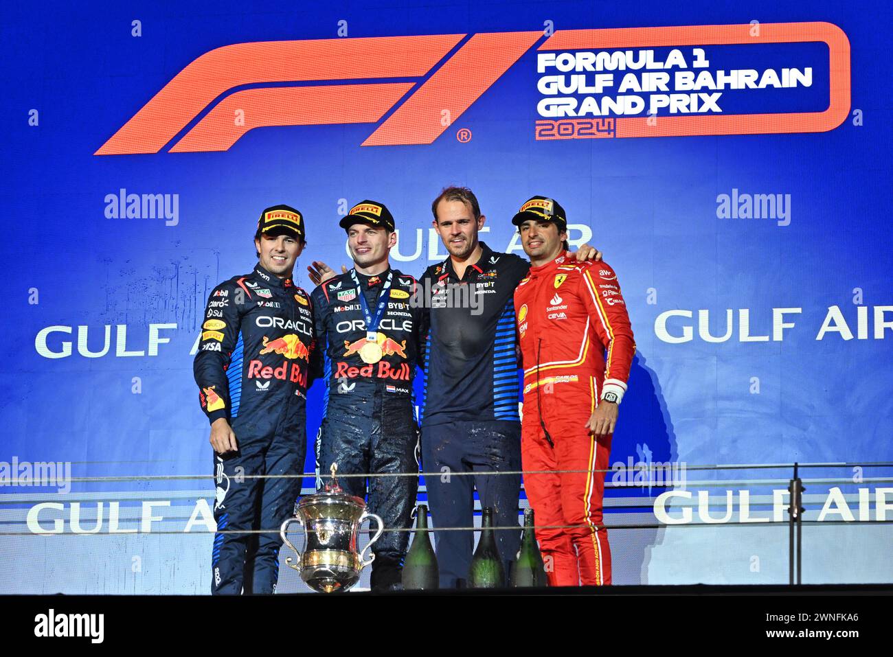 Sakhir, Bahrain. 02nd Mar, 2024. The podium (L to R): Sergio Perez (MEX ...