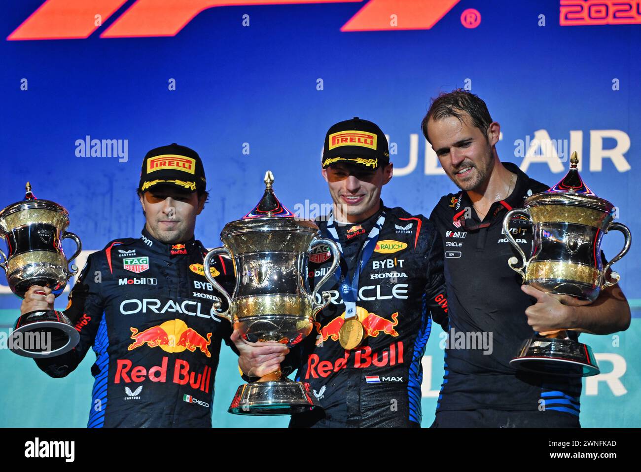 Sakhir, Bahrain. 02nd Mar, 2024. The podium (L to R): Sergio Perez (MEX ...