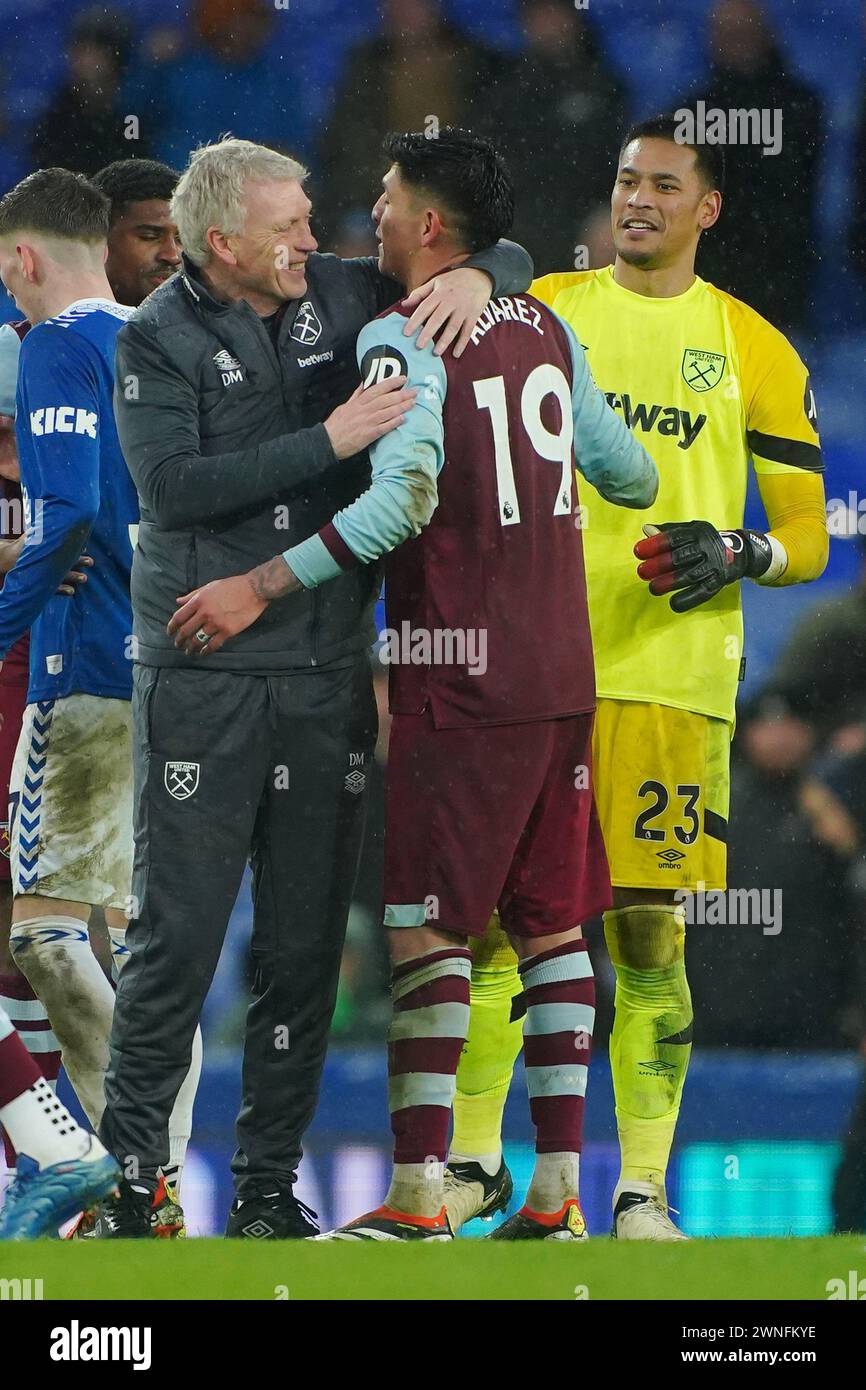 West Ham United manager David Moyes (left) hugs Edson Alvarez after the ...