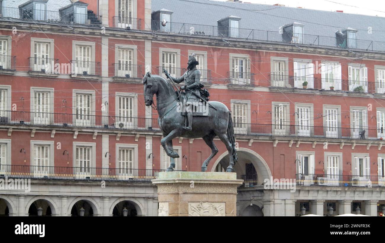 Plaza Mayor with statue of King Philips III in Madrid, Spain Stock ...