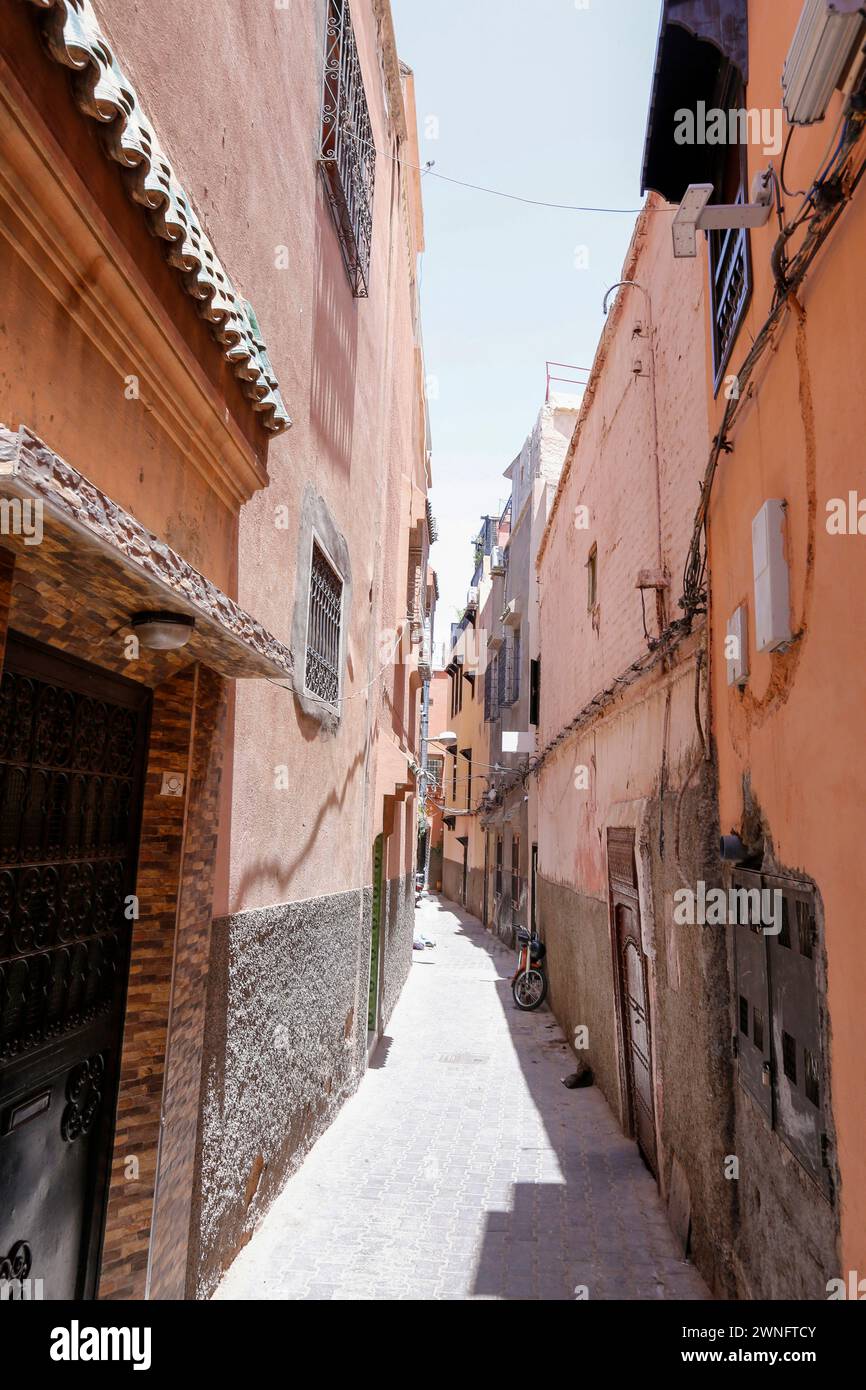 Colorfull ancient old and narrow street in Medina, Marrakech, Morocco ...