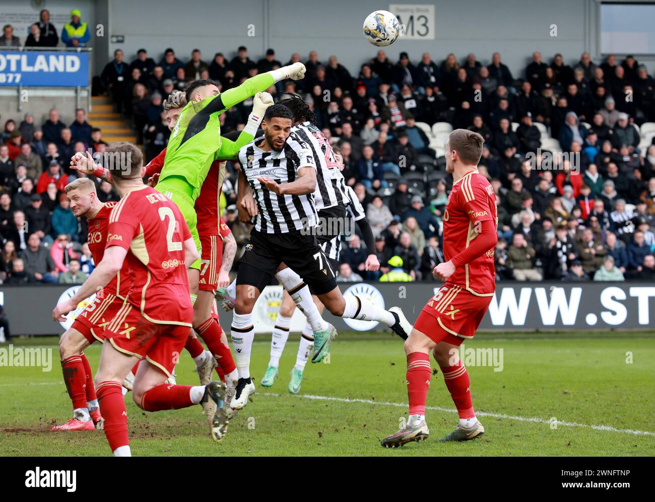 Aberdeen goalkeeper Kelle Roos punches the ball clear during the cinch ...
