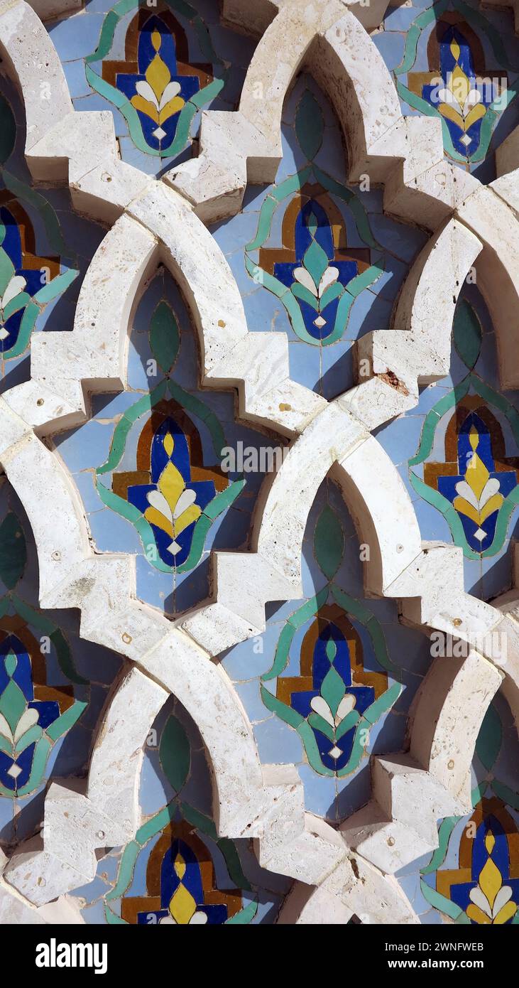 detail of Casablanca Hassan II Mosque Minaret, Morocco. It's a famous ...