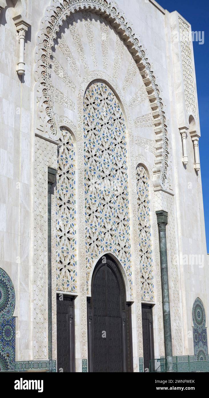 detail of Casablanca Hassan II Mosque Minaret, Morocco. It's a famous ...