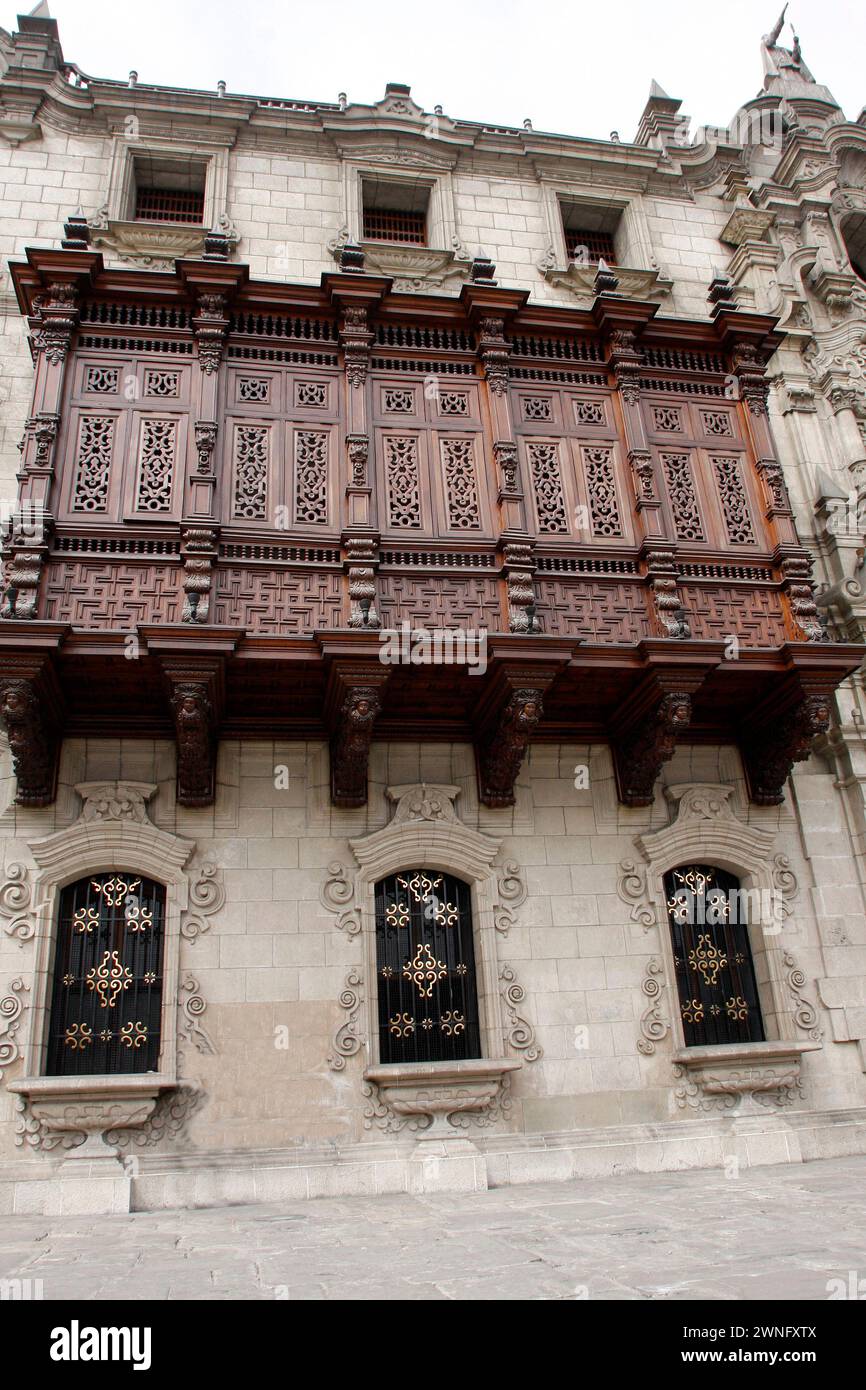 Detail of wood balcony at The Archbishop Palace of Lima, located on the ...