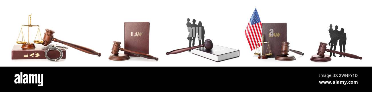 Collage of judge's gavels, law books, scales of justice, handcuffs and ...
