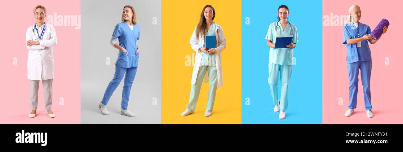 Collage of female doctors on color background Stock Photo - Alamy